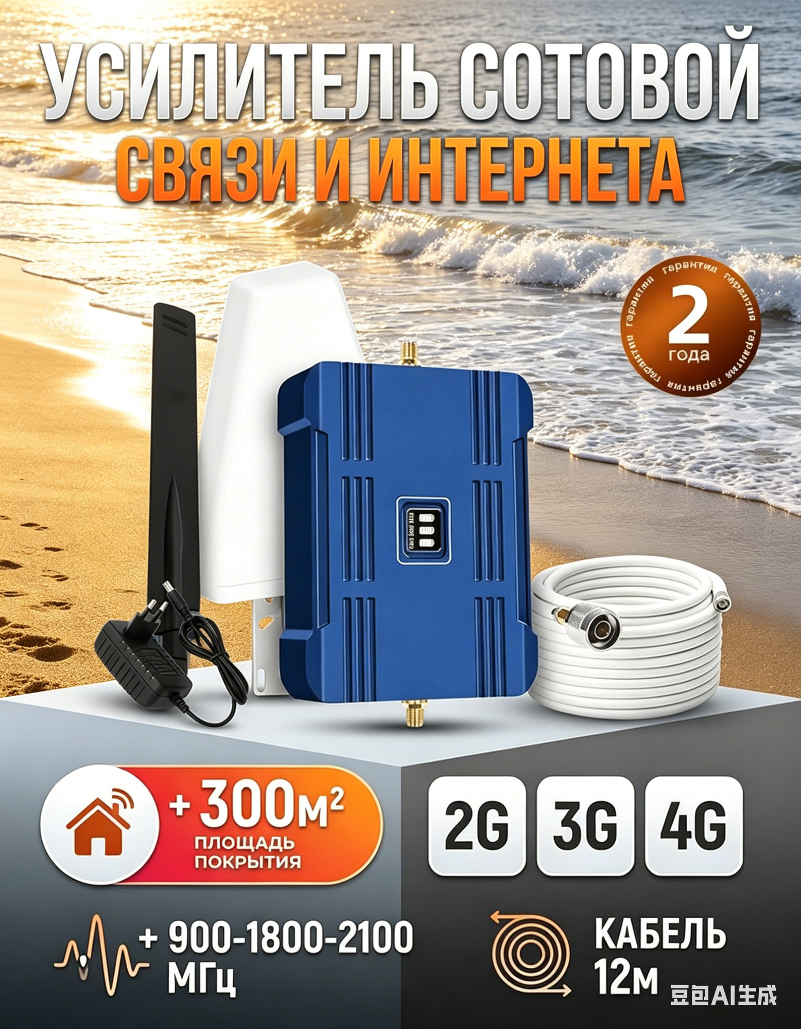Усилитель сотовой связи 900/1800/2100 МГц (2G/3G/4G): до 70 км, направленный, синий, 1.3 кг