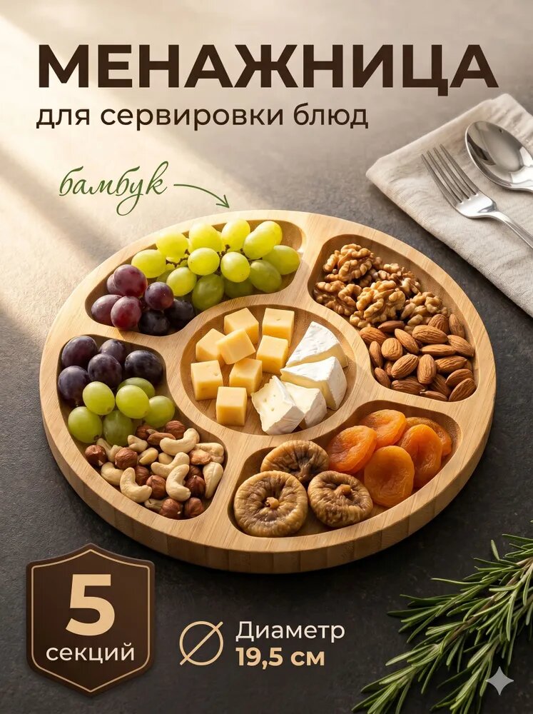 Менажница деревянная, 5 секций, диаметр 19,5 см, бамбук, Доляна "Striata"