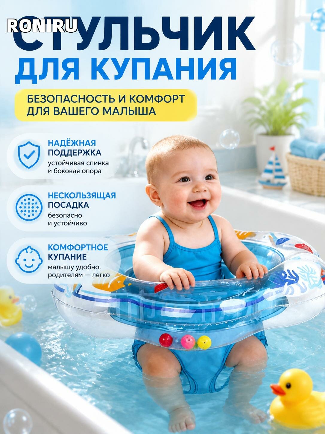 Стульчик для купания, сиденье для ванны с поддержкой и нескользящей посадкой для комфортного мытья ребенка