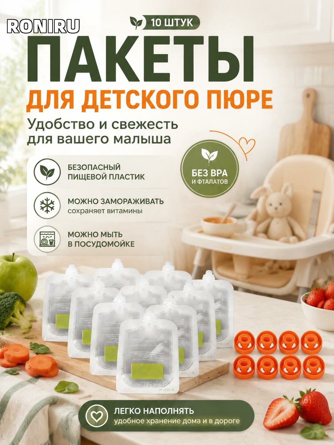 Пакеты для детского пюре, ручное наполнение и хранение 10 шт из пищевого пластика можно мыть в посудомойке и замораживать