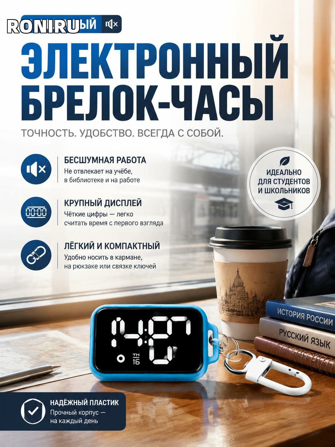 Бесшумный электронный брелок с крупным четким дисплеем, карманные пластиковые часы для студентов