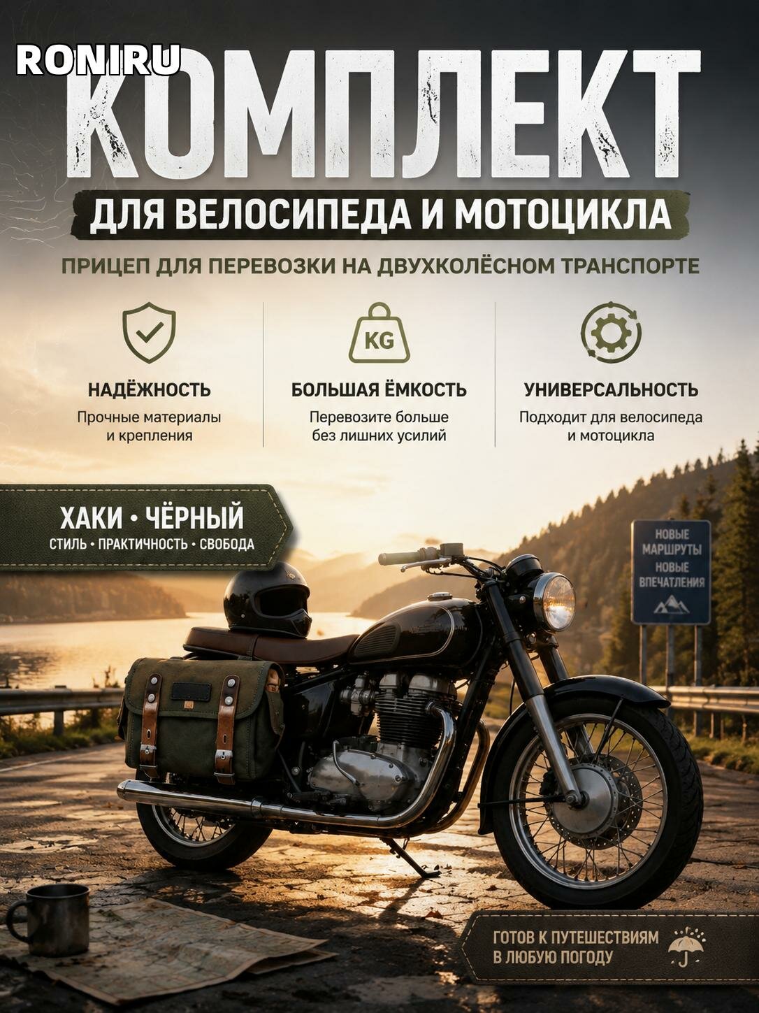 Комплект для велосипеда и мотоцикла, прицеп для перевозки на двухколёсном транспорте в оттенках хаки зеленый черный