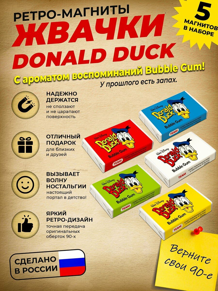Подарочный набор ретро-магнитов 5 шт Жвачка Donald Duck. Магниты с легким запахом Bubble Gum