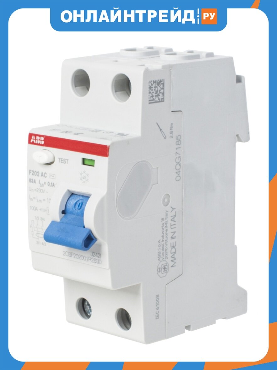 Устройство защитного отключения (УЗО) Abb 2p 63А 100мА тип AC F202 2CSF202001R2630