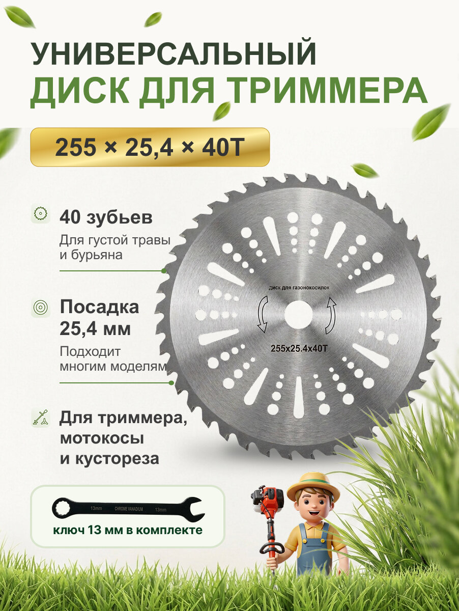 Универсальный диск-нож для триммера с победитовыми напайками, мотокосы 255×25,4×40T