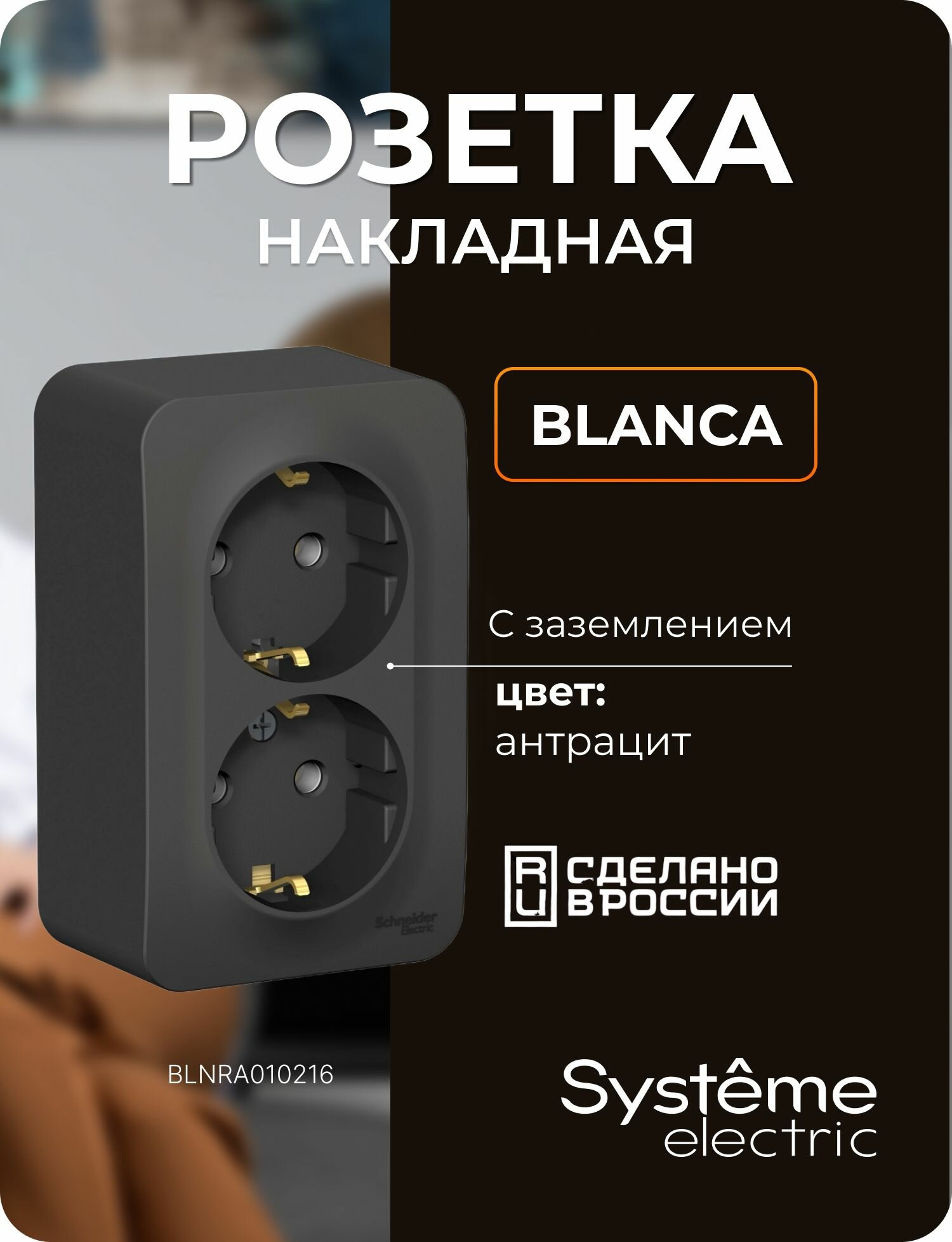 Розетка накладная двойная Schneider Electric Blanca черная с заземлением для открытой проводки BLNRA010216