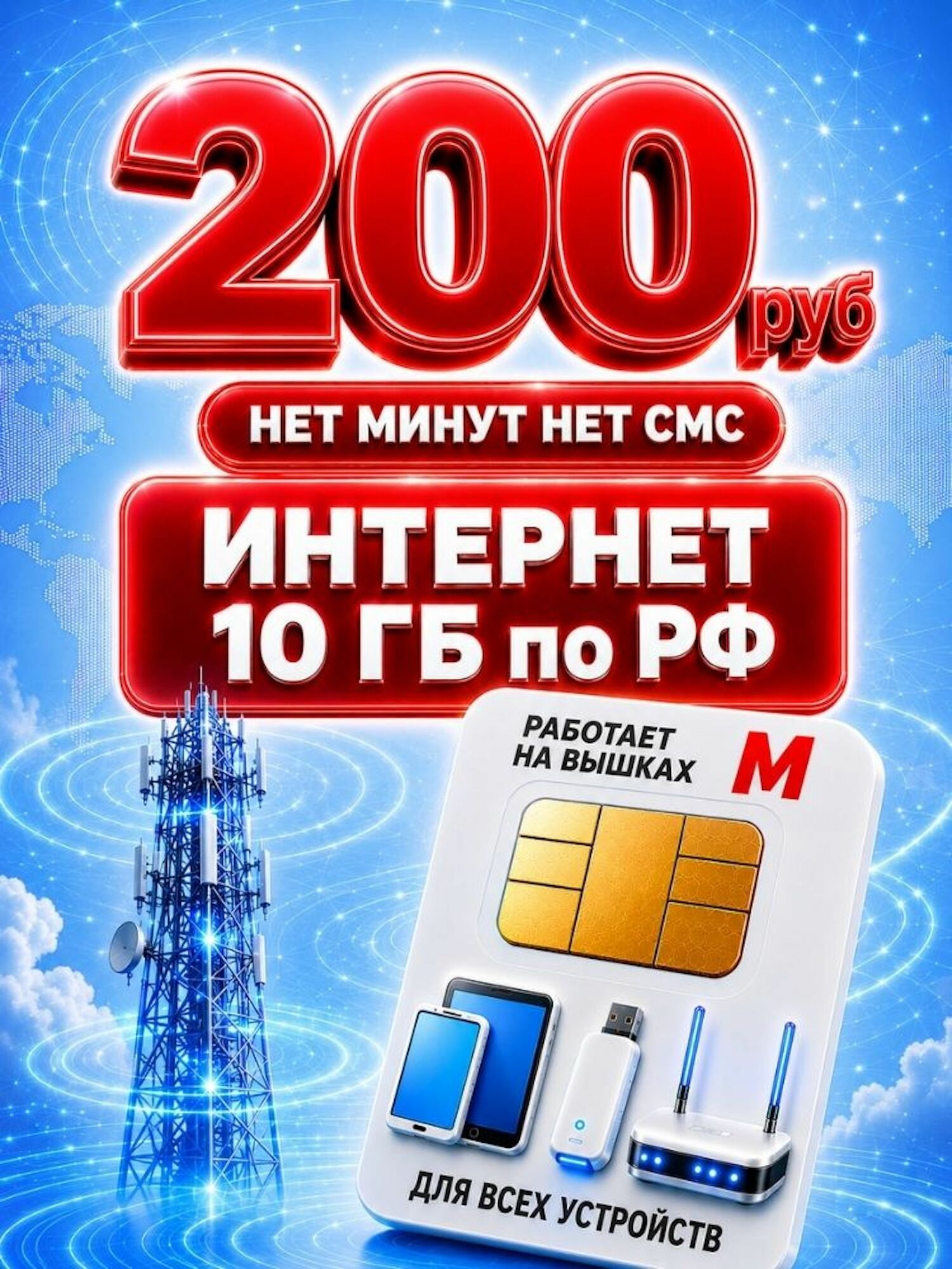 Сим карта безлимитный интернет - тариф 200 рублей в месяц 10 ГБ по РФ для любых устройств 4G LTE YV2MS