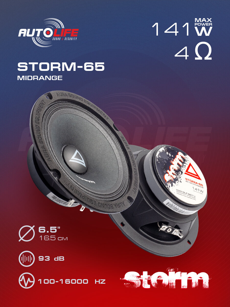 Колонки в машину AurA STORM-65 / эстрадные динамики 16,5 cм (6 дюймов) / 2шт.