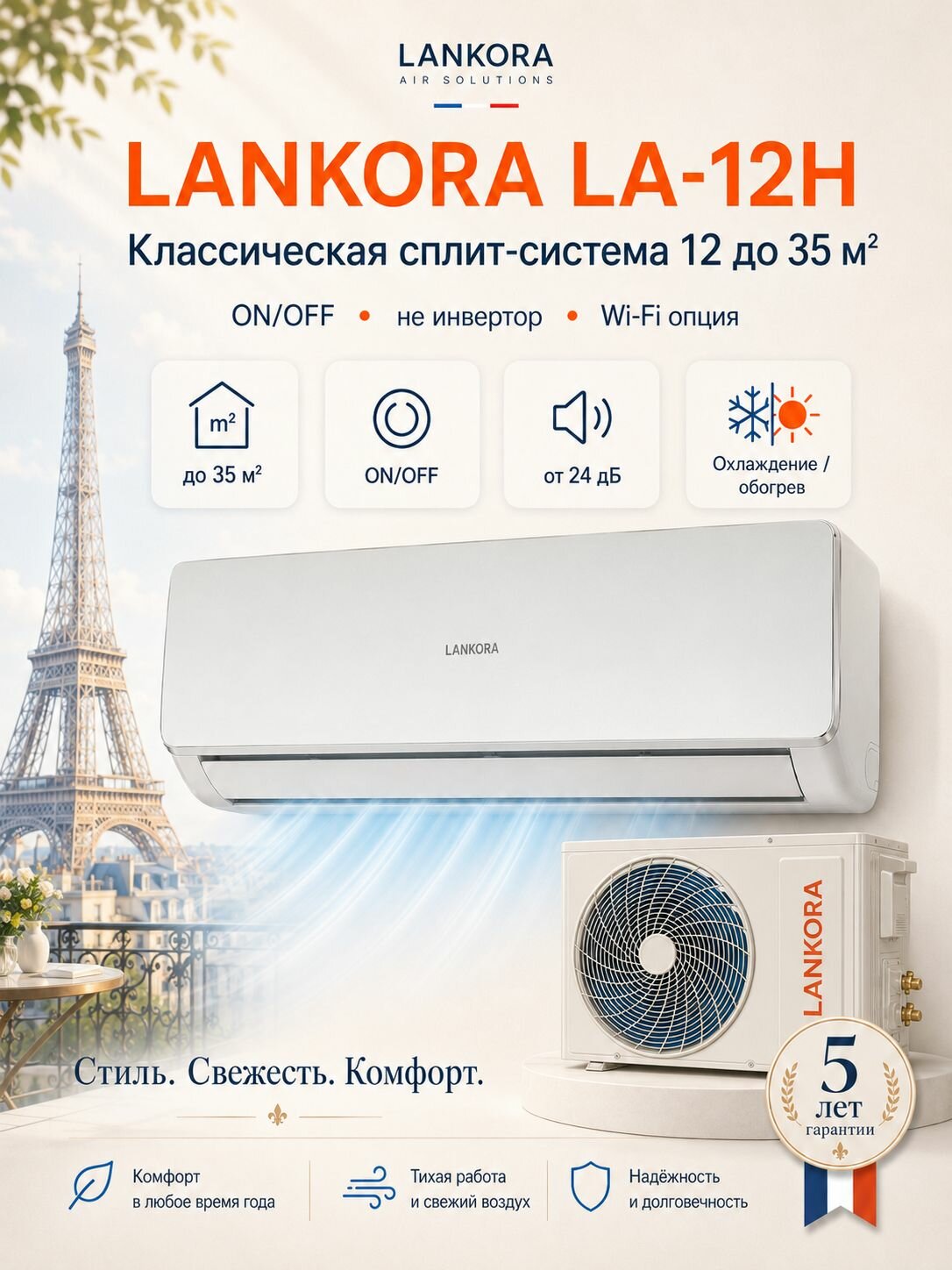 Классическая сплит-система LANKORA LA-12H, on/off, настенный кондиционер до 35 м , охлаждение и обогрев, Wi-Fi опция, белый