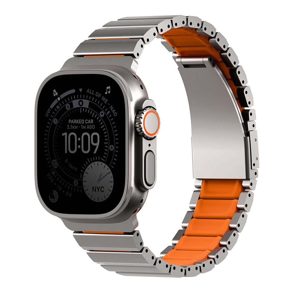 Uniq ремешок для Apple Watch 49/46/45/44 mm, Strova Flex Steel Band, Titanium Silver/Volt Orange