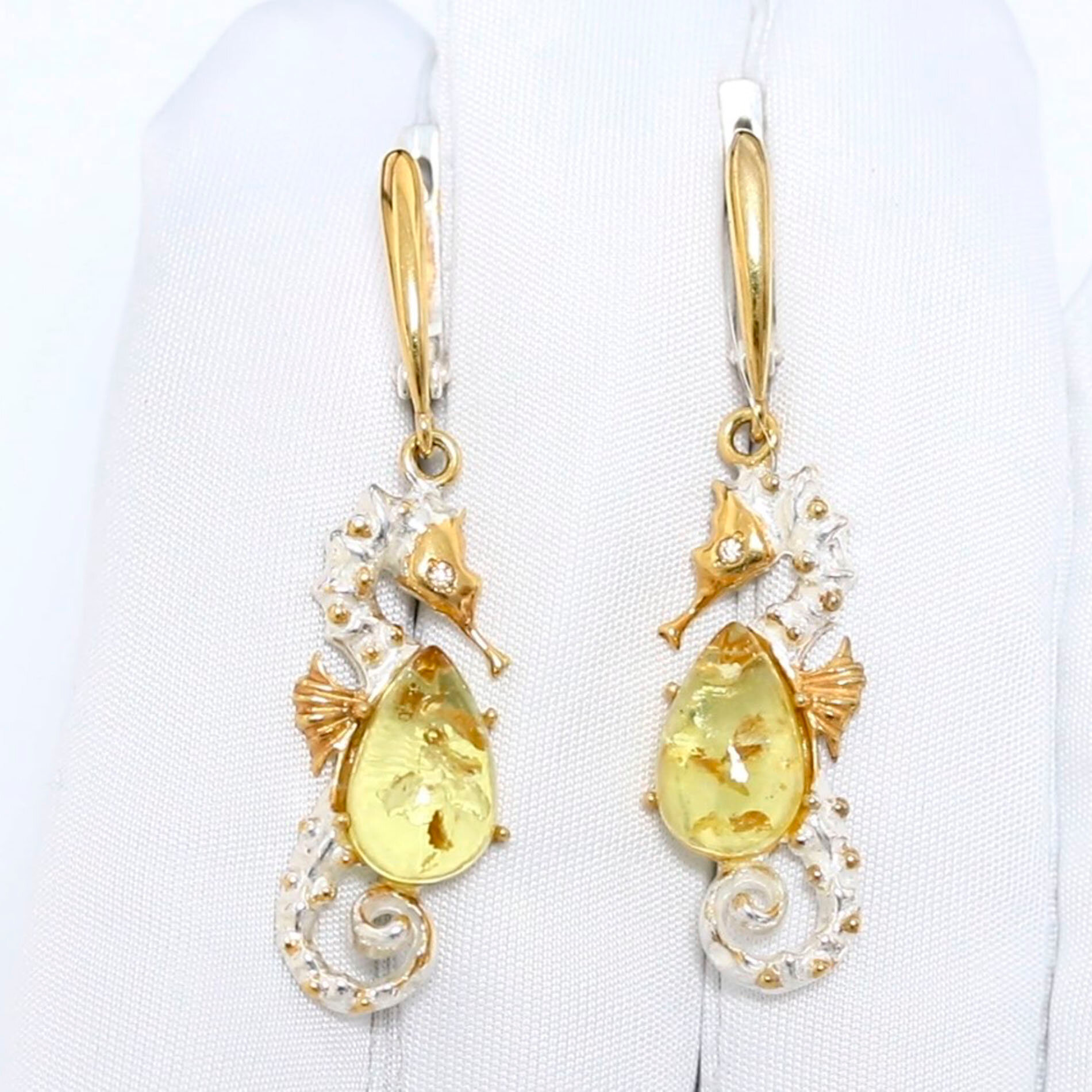 Серьги, серебро, 925 проба, золочение, янтарь, фианит