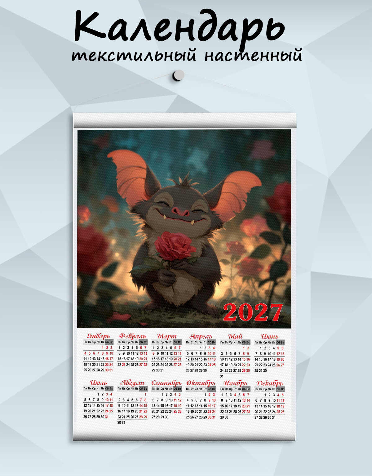 Текстильный настенный календарь "Бет с розой" на 2027 год