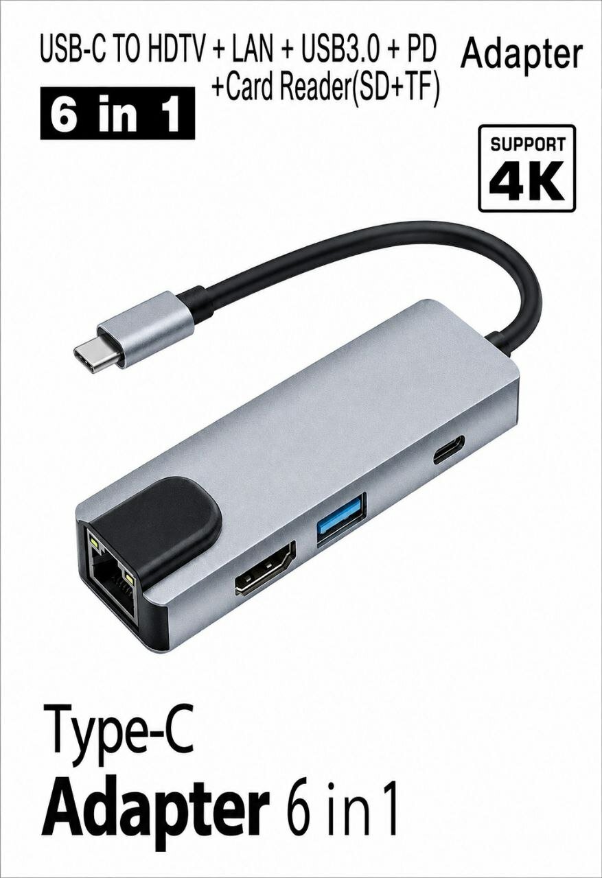 Type-C HUB для MacBook / USB разветвитель / HDMI адаптер 4K / USB HUB 3.0 / HDMI4K / RJ45 / Support Card Reader (SD+TF)