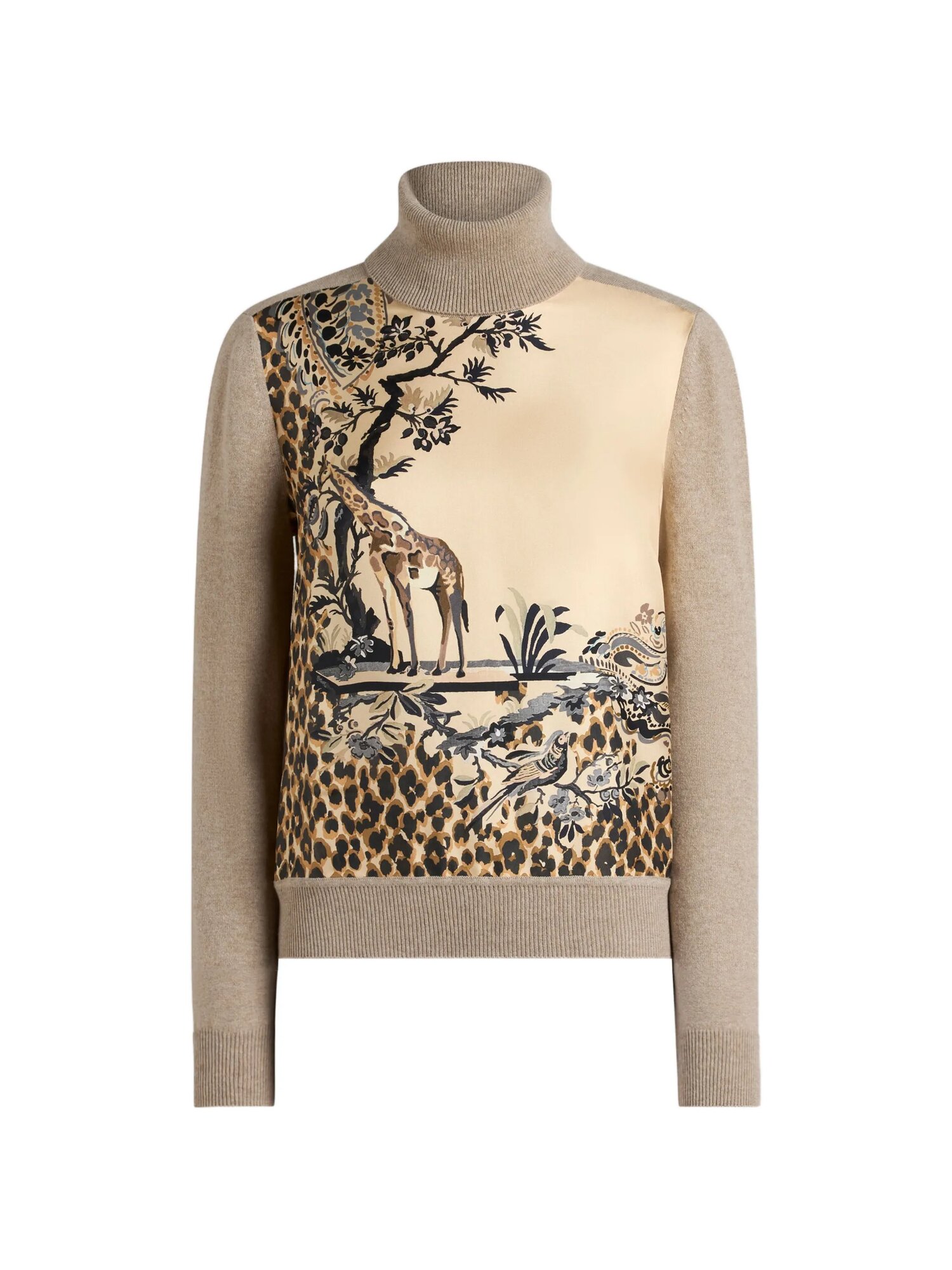 Свитер Wool-blend turtleneck sweater with placed animal and paisley print