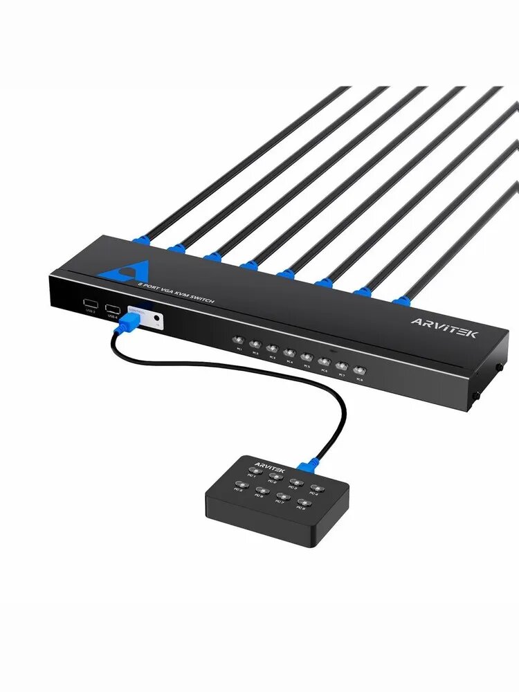 KVM переключатель HDMI 8 портов, 4K@30Hz, 1U, для 8 ПК с одним монитором, USB 2.0, ИК-пульт и настольный контроллер, крепление в стойку
