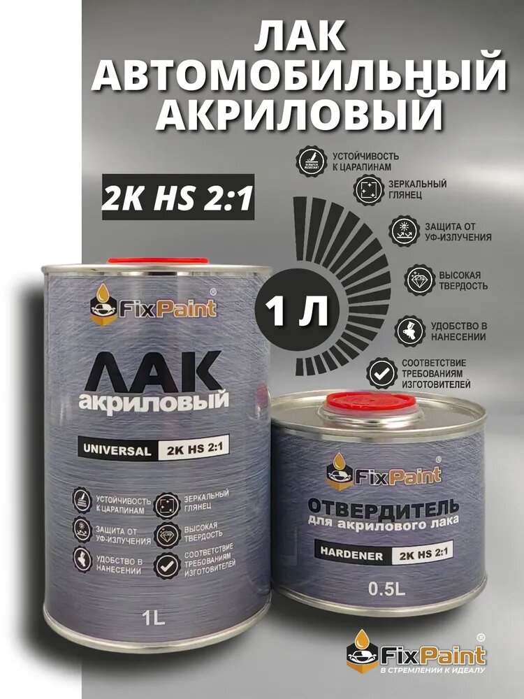 Лак FIXPAINT 2K HS, автомобильный акриловый универсальный прозрачный, лак 1000 мл + отвердитель 500 мл