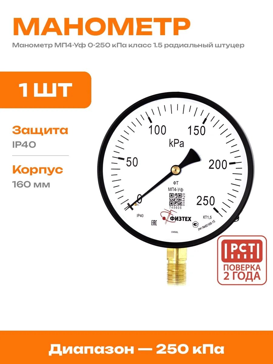 Манометр давления 250 кПа с резьбой 160 мм измерительный