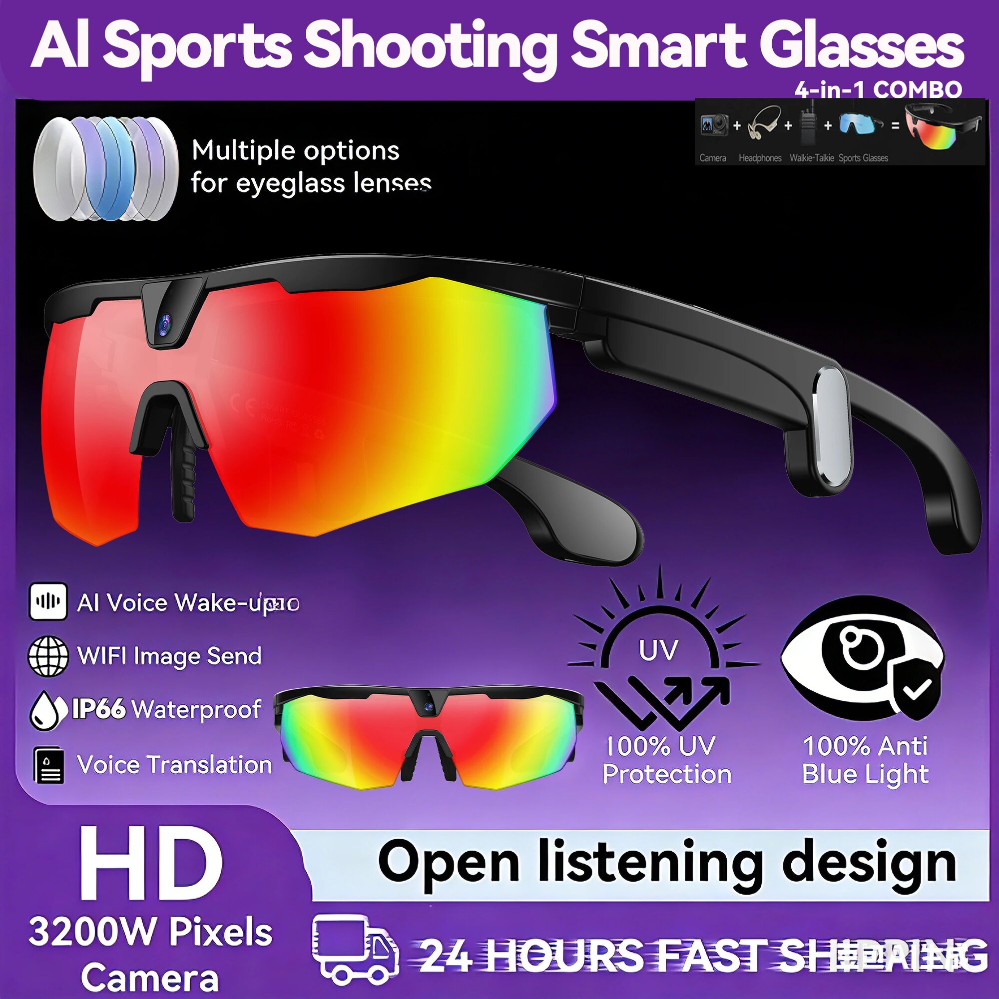 KULANNDER 2026 AI Smart Glasses 800W HD для велоспорта Black-colorful