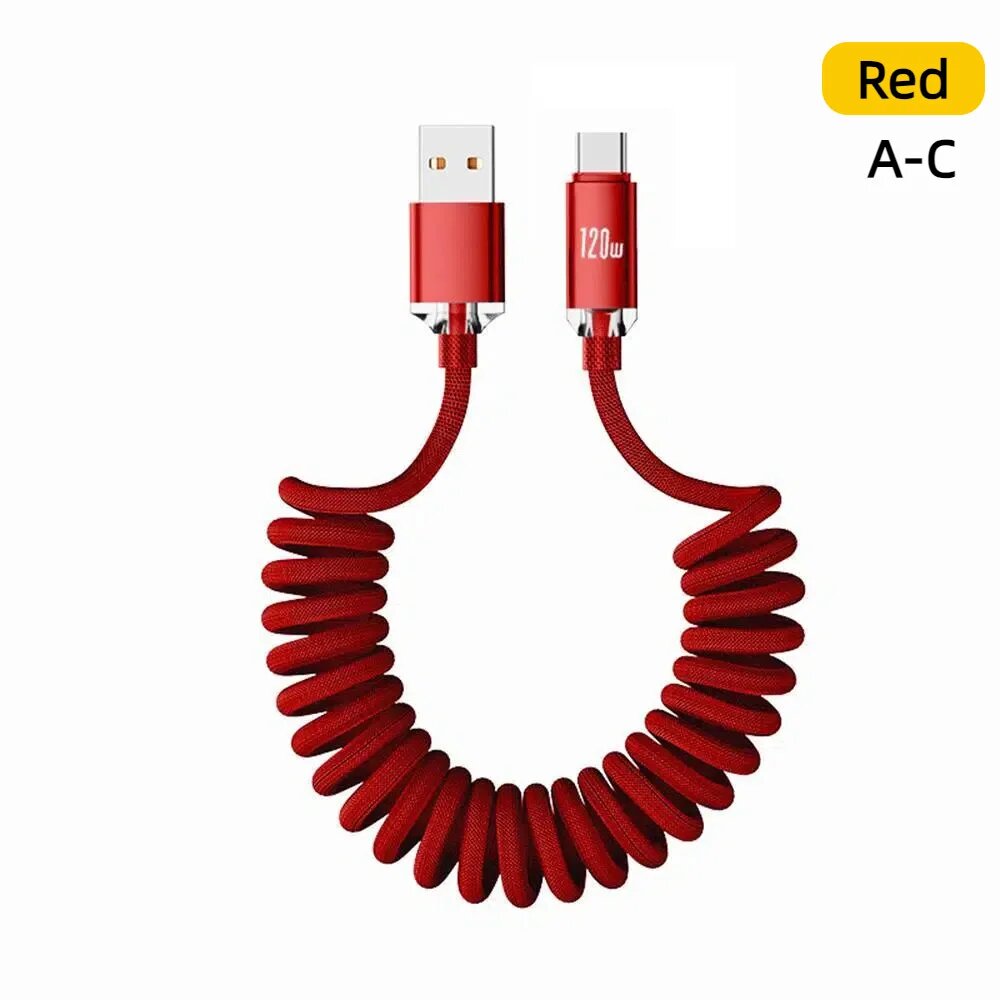 Кабель Для Быстрой Зарядки 120 Вт Type-C На USB-C, USB-A На Type-C, Спиральный, Красный, 1m, A-C red