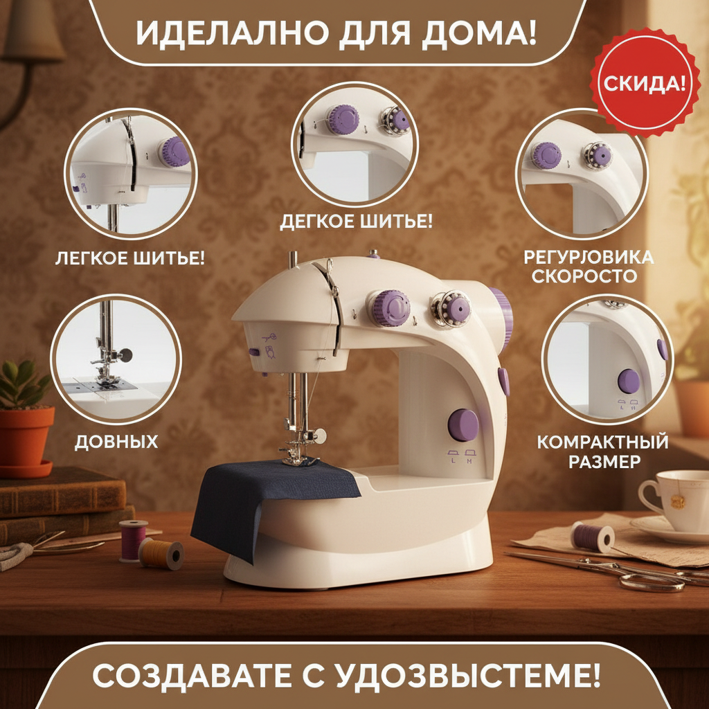 Многофункциональная швейно-вышивальная машина TV-487 с ножным приводом и подсветкой