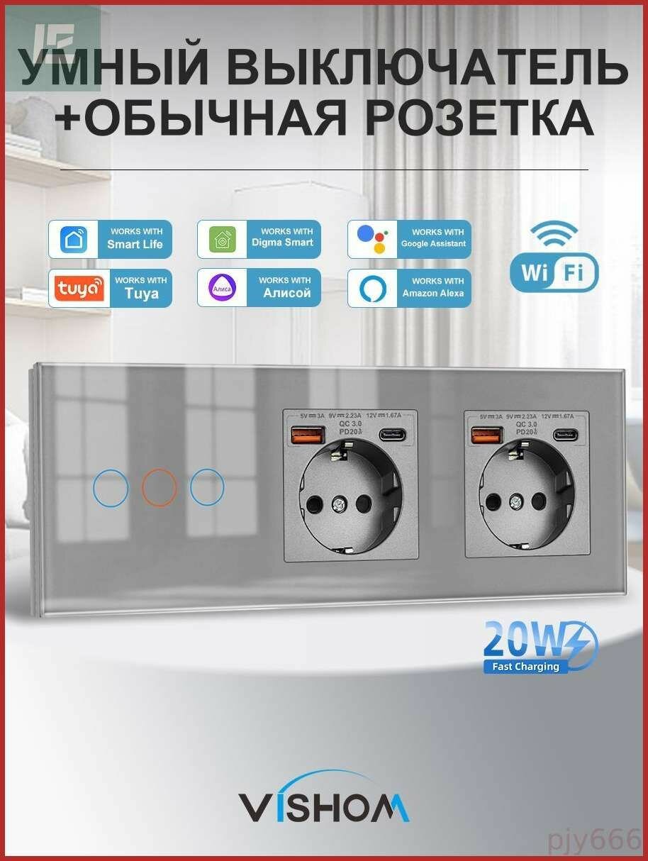 Умный сенсорный WIFI выключатель с розеткой USB и Type C портами в одной стеклянной рамке, трехклавишный + 2 обычные розетка с usb быстрая зарядка, Серый