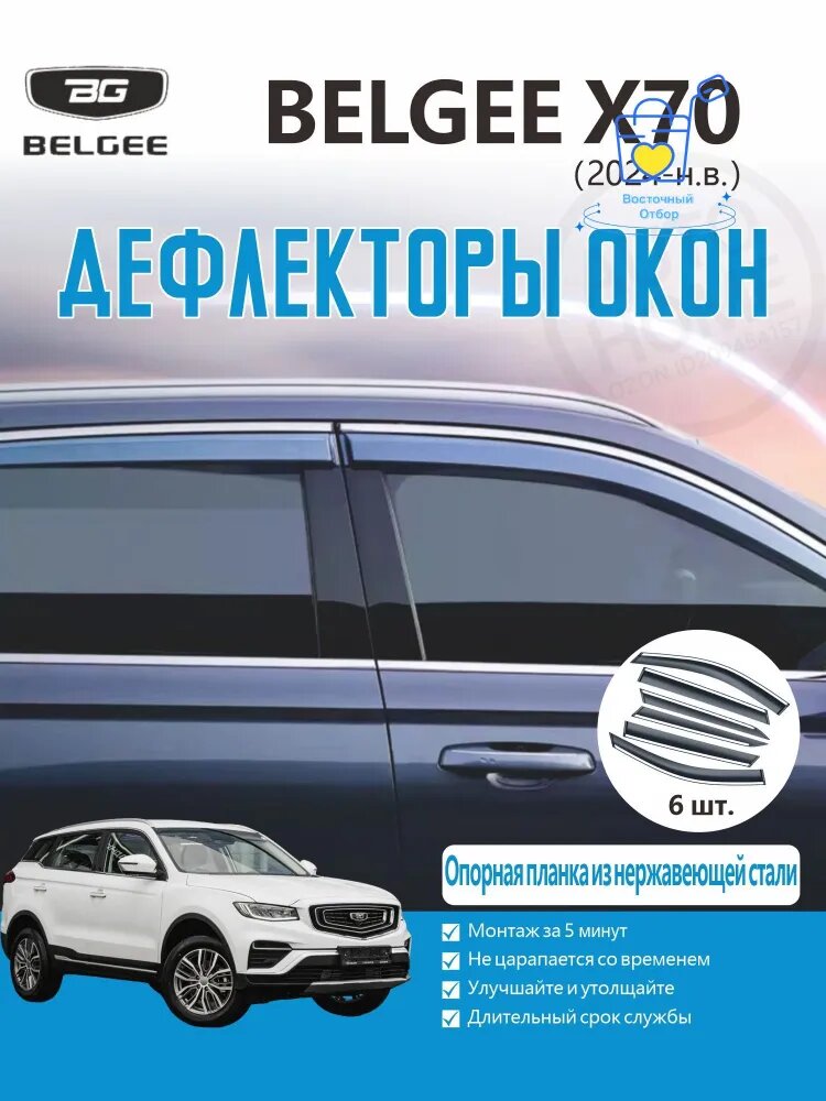 Комплект дефлекторов для окон из нержавеющей стали Belgee X70 (2024-), 6 шт, прозрачные, для задних дверей