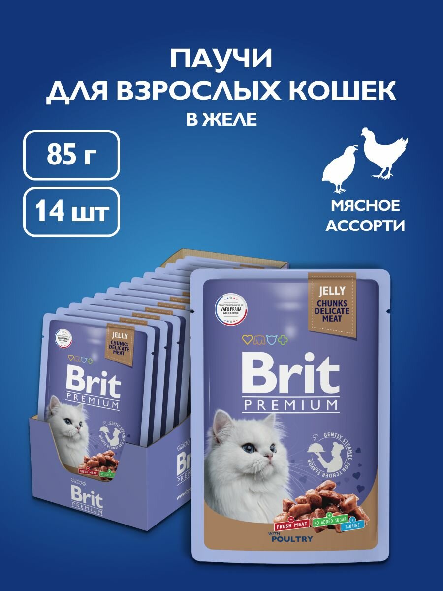 Корм для взрослых кошек влажный, Брит Премиум паучи ассорти из птицы в желе, 85 г х 14 шт