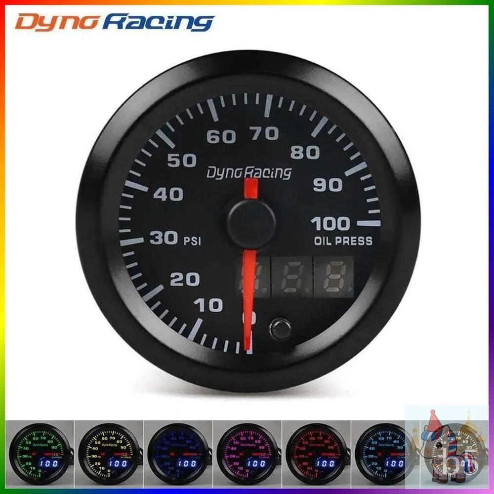 Dynoracing 2"52 мм Датчик давления масла с двойным дисплеем, 0-100 БАР, 7 цветов, светодиодный измеритель давления масла, высокоскоростной двигатель с датчиком