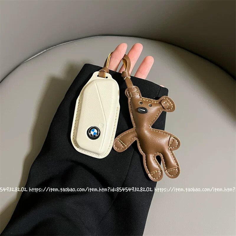 Кожаный чехол для ключа BMW - стиль F, кремовый белый с милым медвежонком, подходит для серий 1-7