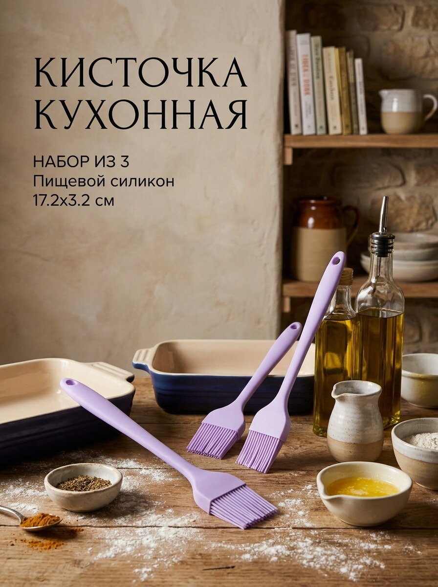 Кисточка кухонная, 17.2х3.2см, фиолетовый, пищевой силикон, 3шт