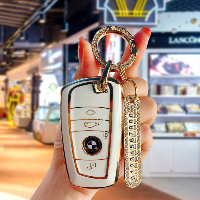 BMW Квадратный чехол для ключа 3/5/7 Серии - Белый с золотым кольцом и золотой табличкой