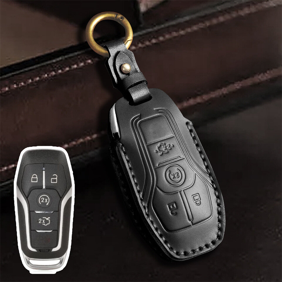 Кожаный чехол для ключей Ford 4-кнопочный совместимый с Focus Mondeo Kuga Edge Taurus - Черный