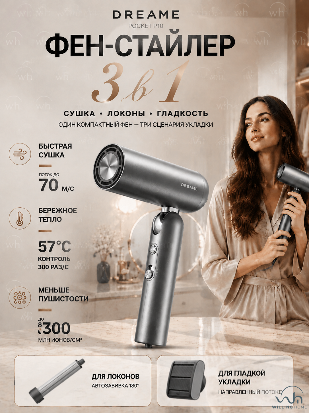 Dreame P10 Pocket фен для волос складной с ионизацией 1300W 70 м/с компактный дорожный фен с магнитными насадками