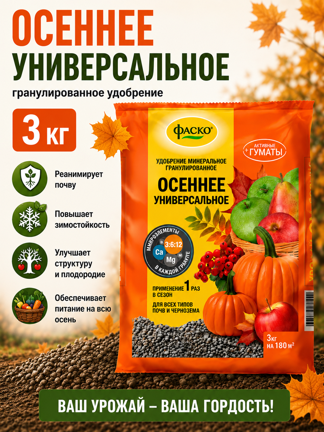 Удобрение Осеннее универсальное Фаско органоминеральное гранулированное 3 кг