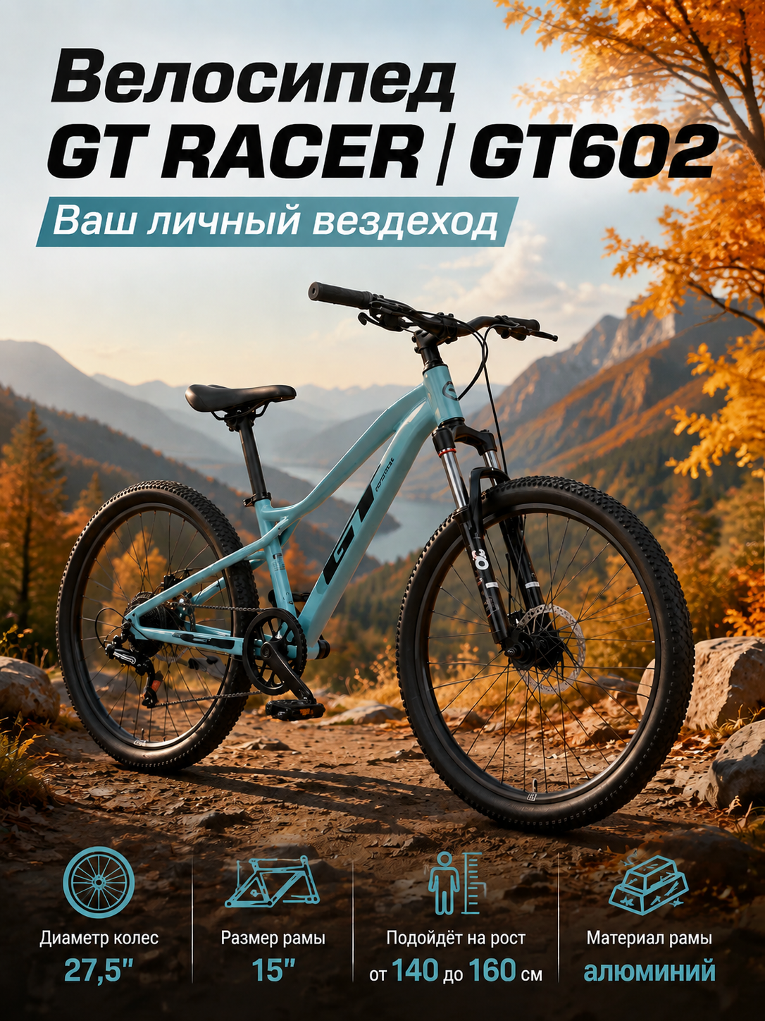 Горный велосипед BREND GT RACER ORIGINAL GT602, диаметр колес 27,5", 7 скоростей, рама алюминий, синий