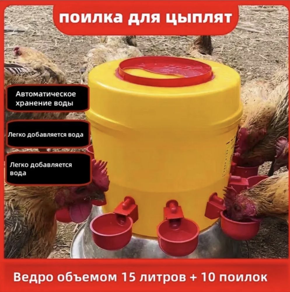 Автопоилка для птицы (куры, утки, гуси, перепела) - комплект 12л + 8 чашек, ниппельная система, антипроливная, для цыплят и взрослых особей, уличный и домашний вариант