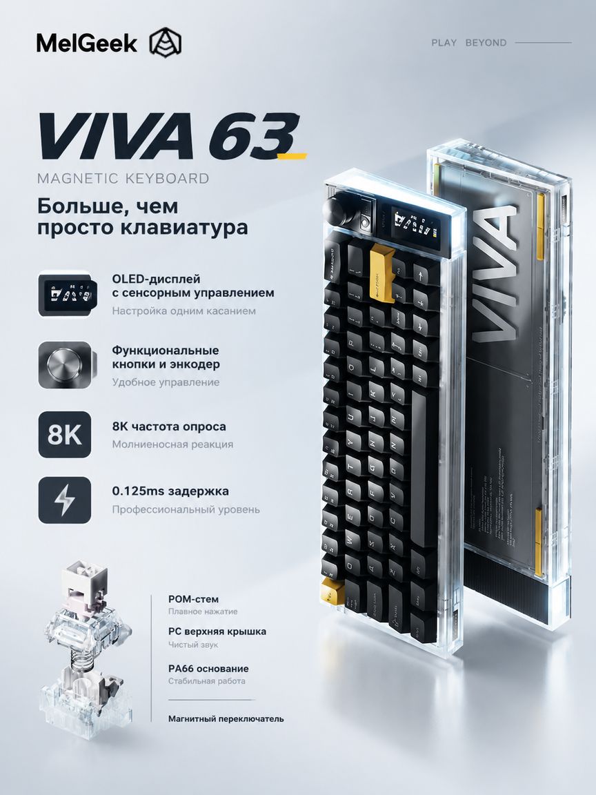 Магнитная игровая клавиатура MelGeek VIVA63, HE Hall Effect, 63 клавиши, Rapid Trigger, OLED-экран, RGB