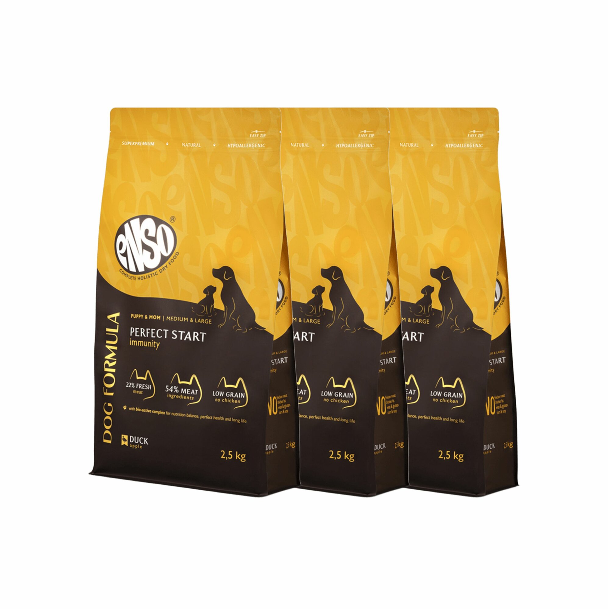ENSO Dog formula Perfect start сухой полнорационный корм для щенков от 1 месяца, беременных и кормящих собак средних и крупных пород со свежей уткой с добавлением яблока 2,5 кг x 3 шт.