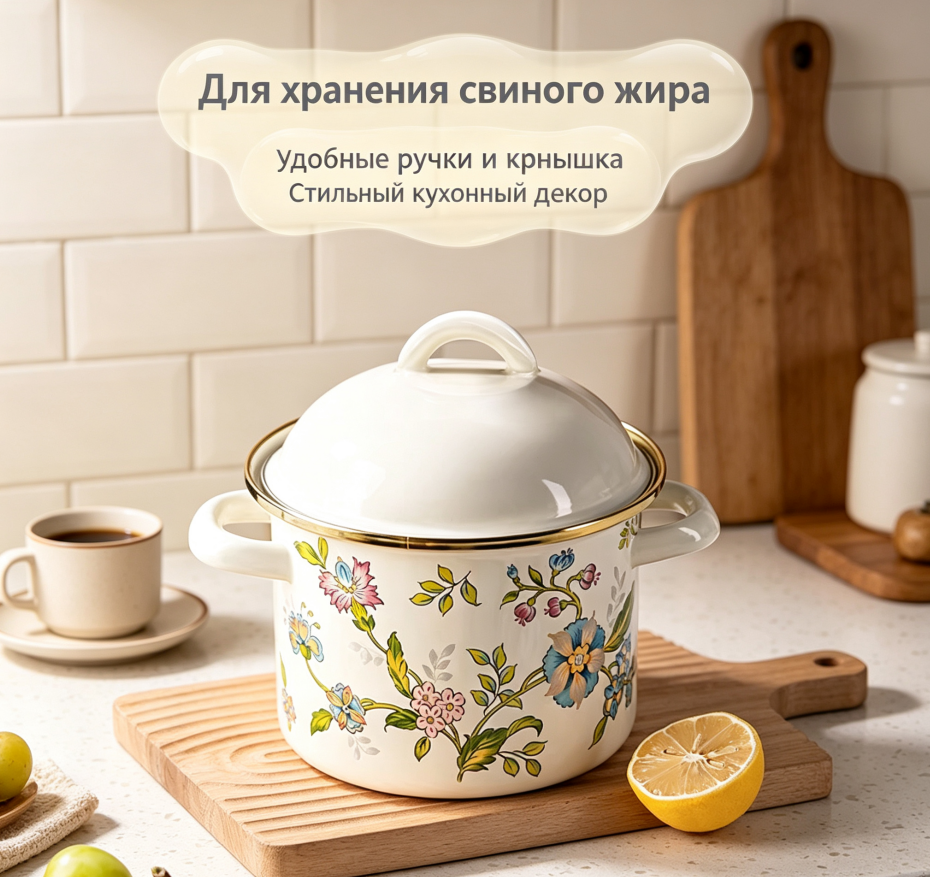 Эмалированная банка для жира с двумя ручками и крышкой, кухонная емкость для свиного жира и растительного масла