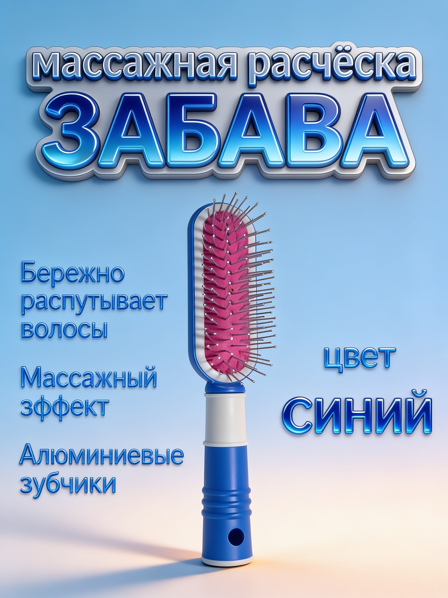 Массажная расческа "забава" синяя, алюминиевые иглы, мягкая подушка.