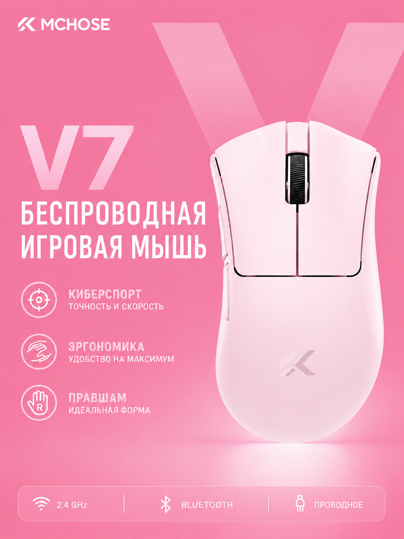 Беспроводная мышь MCHOSE V7, эргономичный корпус под правую руку, три режима подключения, Bluetooth, для игр и офиса