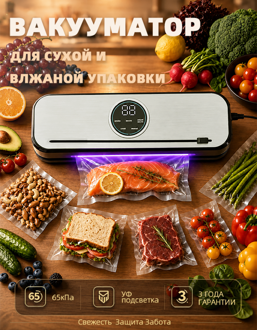 Вакуумный упаковщик для сухих и влажных продуктов 20 пакетов шланг