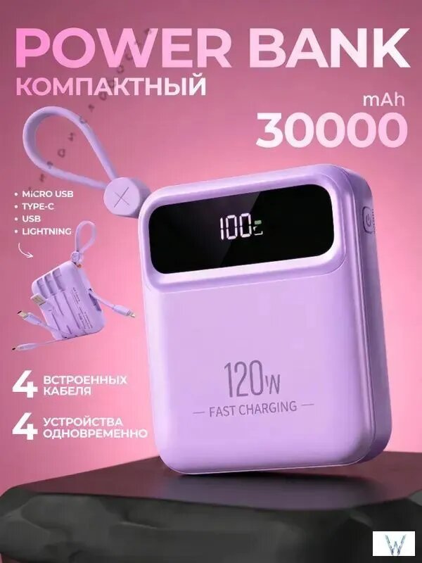 Внешний аккумулятор Power Bank 30000 мАч, фиолетовый, 120W Fast Charging