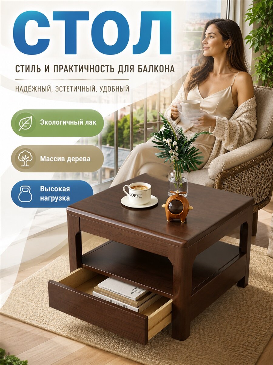 Столик компактный из натурального дерева, журнальный стол для балкона, прихожей и дачи, практичный предмет мебели для повседневного использования дома