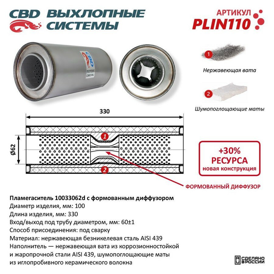 Пламегаситель с диффузором 330х62х100 CBD PLIN110