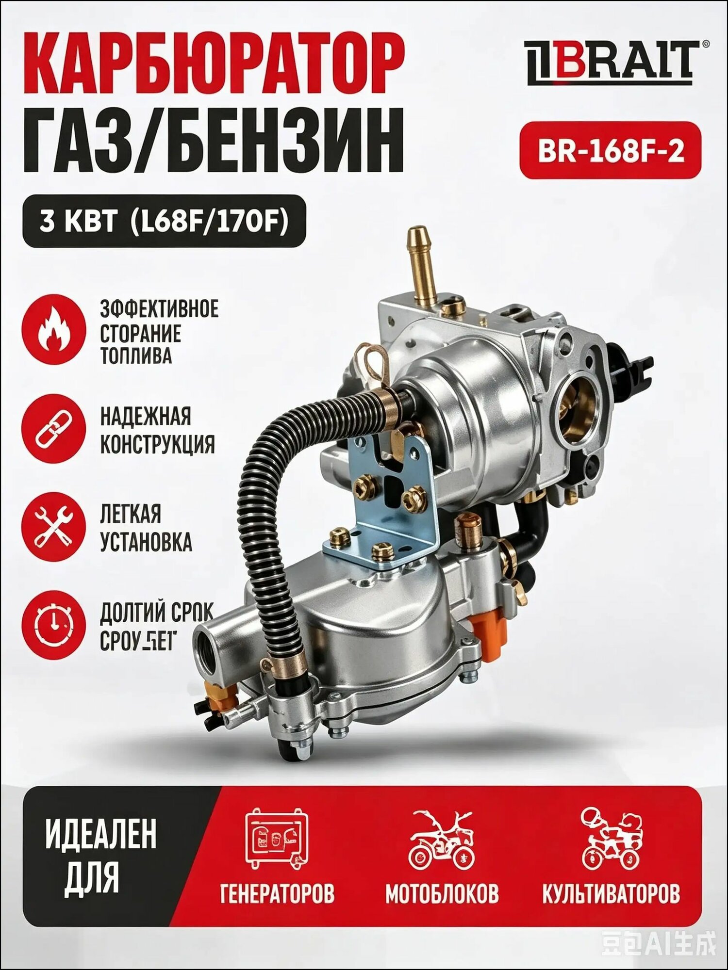 Карбюратор газ-бензин для двигателей 168F/170F (GX160/GX200); двухтопливный, для генераторов, мотоблоков и мотопомп 1.5-3.5 кВт, экономия топлива. Одна коробка (40 штук)