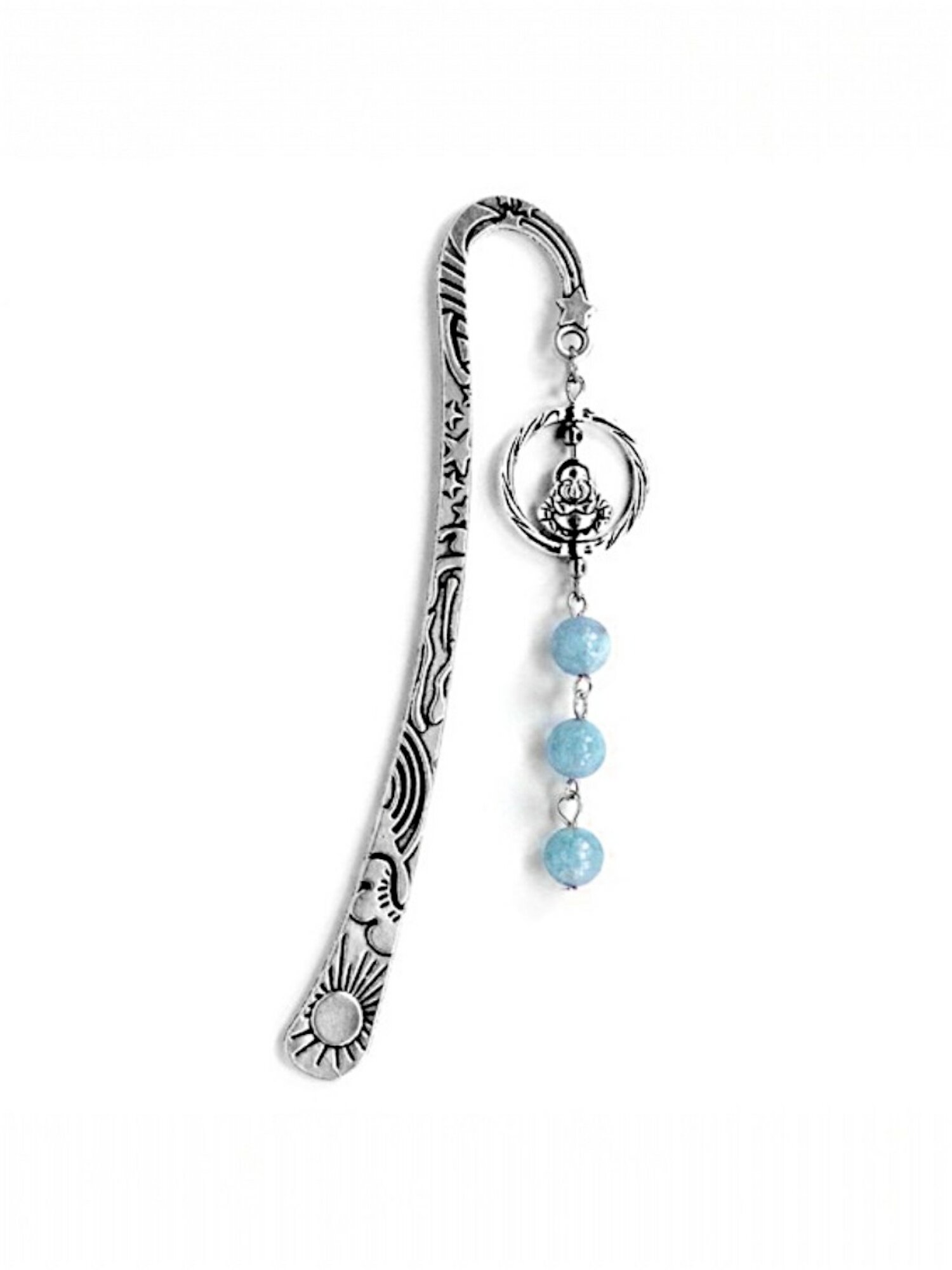 Металлическая закладка для книг хотей с натуральными камнями аквамарин, длина 12 см.