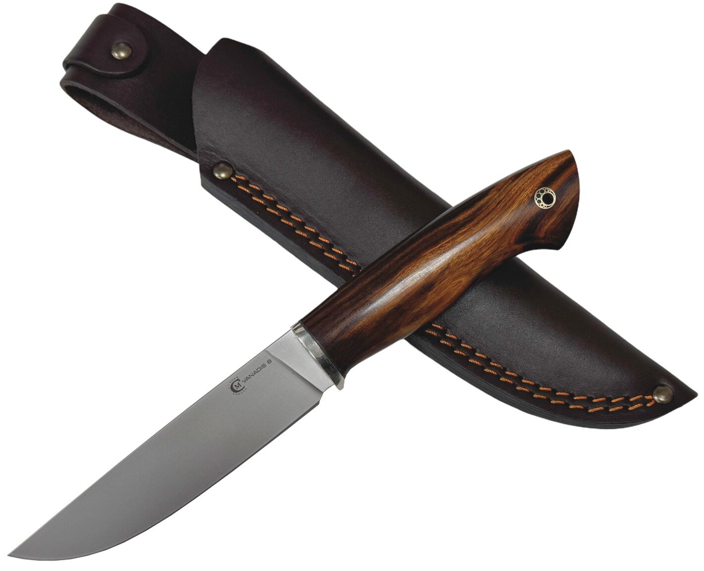 Нож Ястреб, сталь Vanadis 8, рукоять притин мельхиор, Айронвуд
