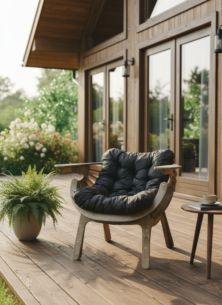 Садовое кресло "ракушка XXL" для отдыха на даче, цвет светлый дуб + коричневая подушка