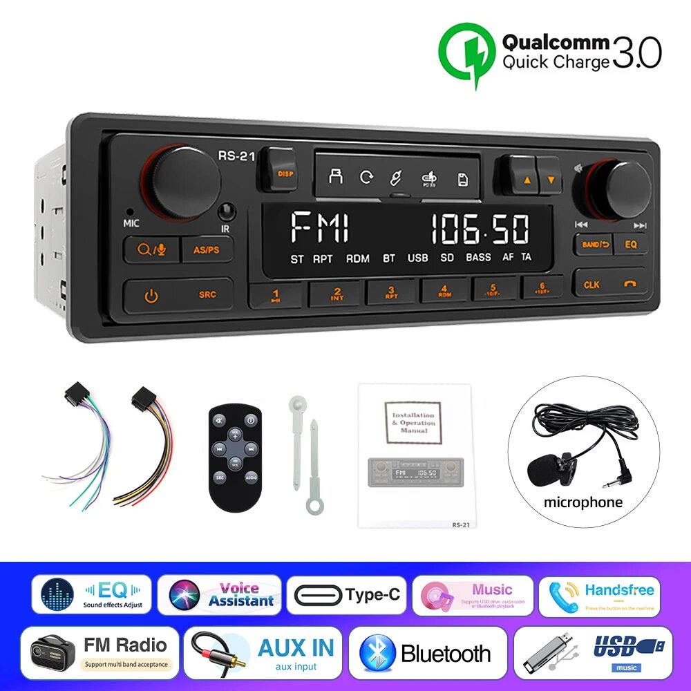 1Din ретро-автомагнитола MP3, аудио-стереосистема с Bluetooth, AUX, USB, EQ, FM, AM, RDS, RS21 MIC